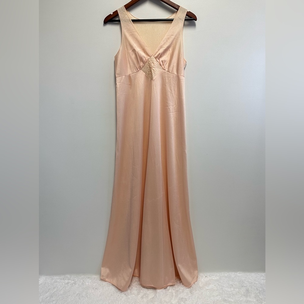 80s Peach Colored Vintage Nylon Slip Dress Stitch Det… - Gem